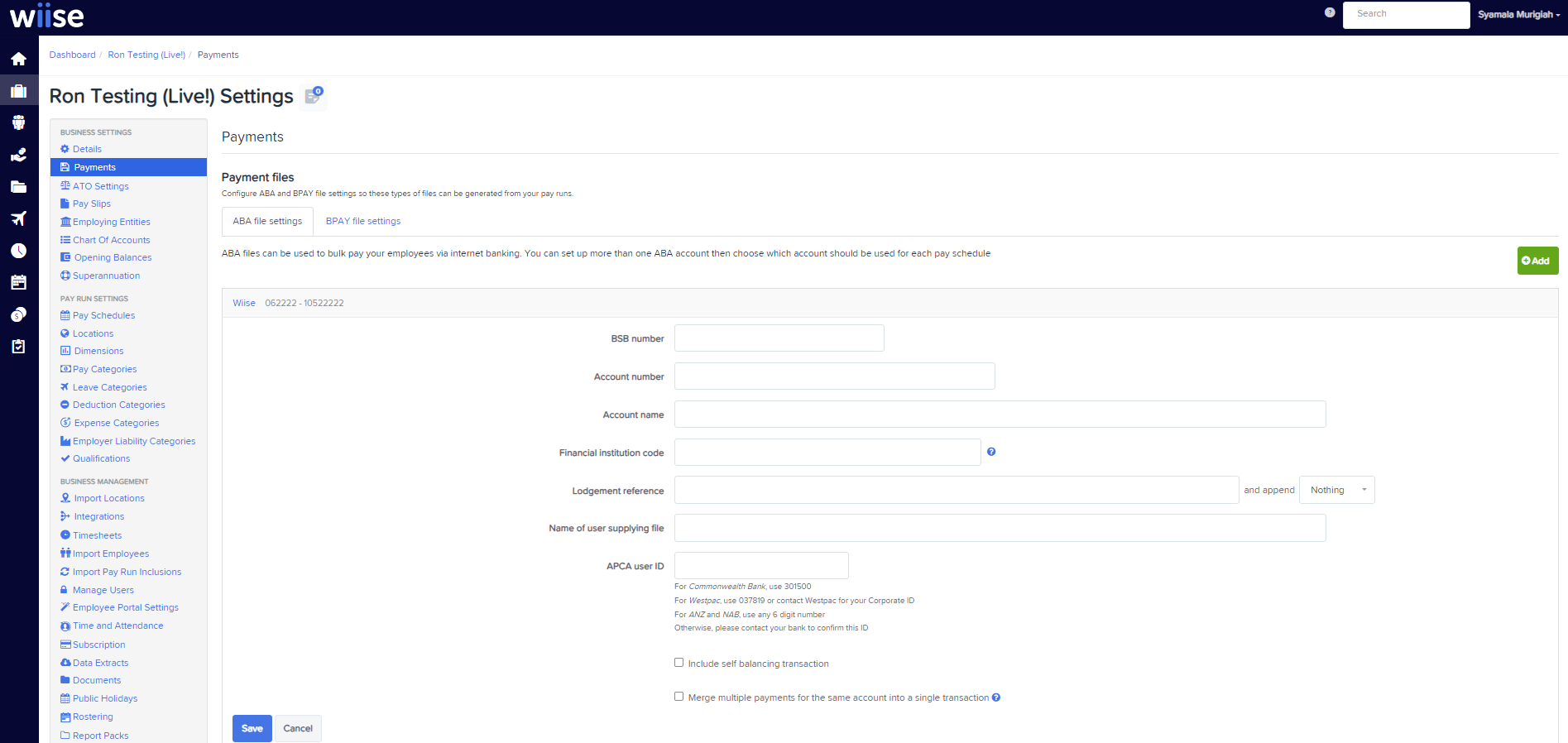 Set up ABA payment file settings