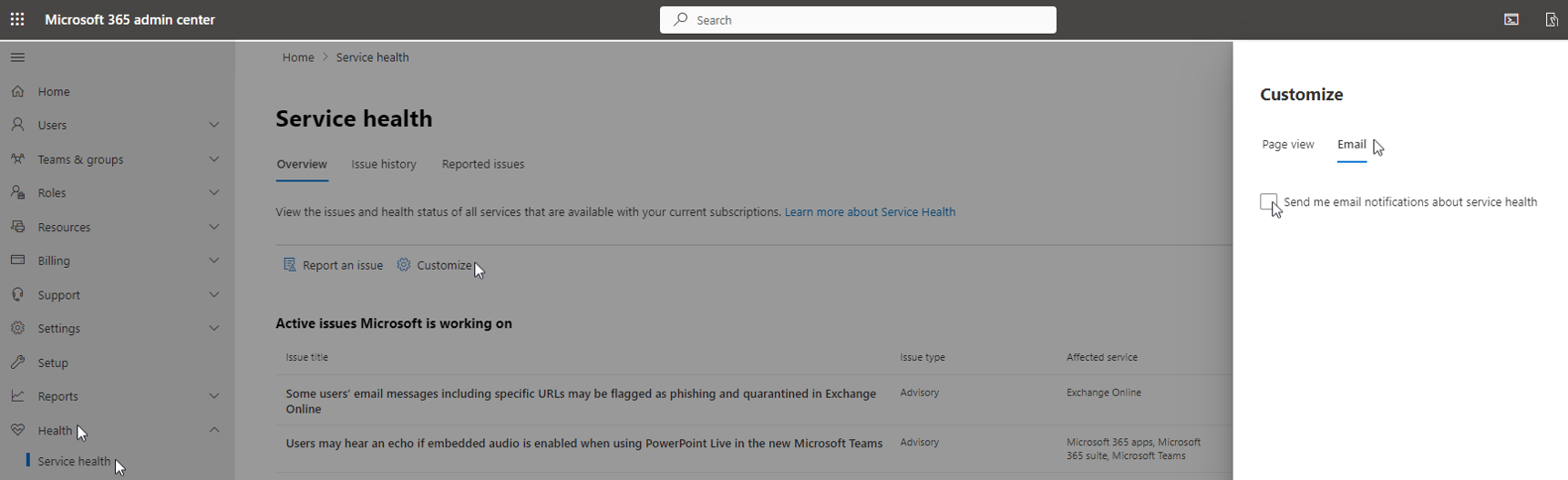 Get alerts on Microsoft 365 Service Health