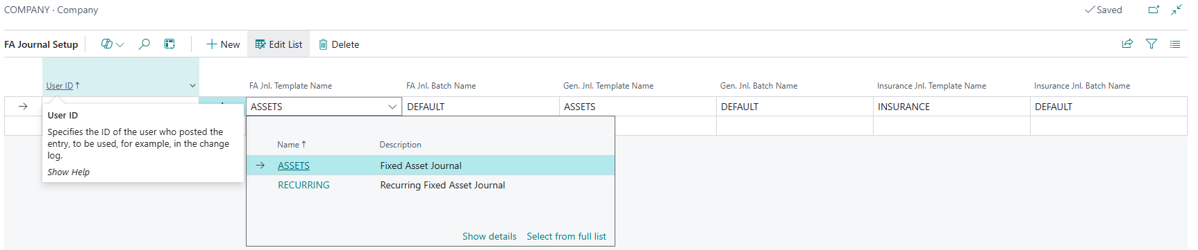 Set up a fixed asset journal