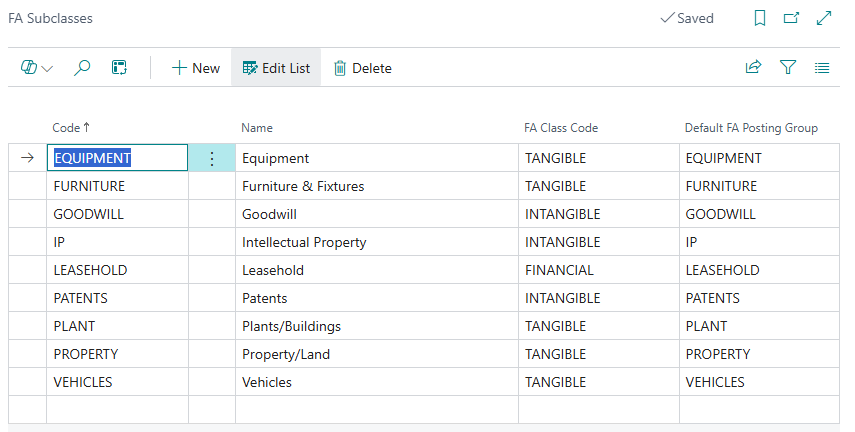 Set up fixed asset class and subclass codes